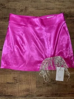 Skirts | Hot Pink Satin Rhinestone Fringe Mini Skirt Festivalraveparty ...